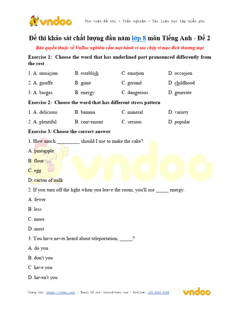 De Thi Khao Sat Chat Luong Dau Nam Lop 8 Mon Tieng Anh de 2 | PDF | Automotive Industry ...