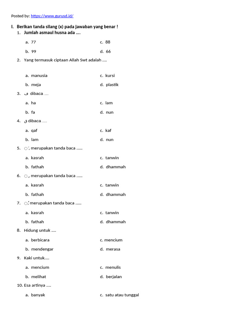 Soal Sumatif PAS PAI Dan BP Kelas I Semester 1 Versi 1 Reupload (Gurusd - Id) | PDF