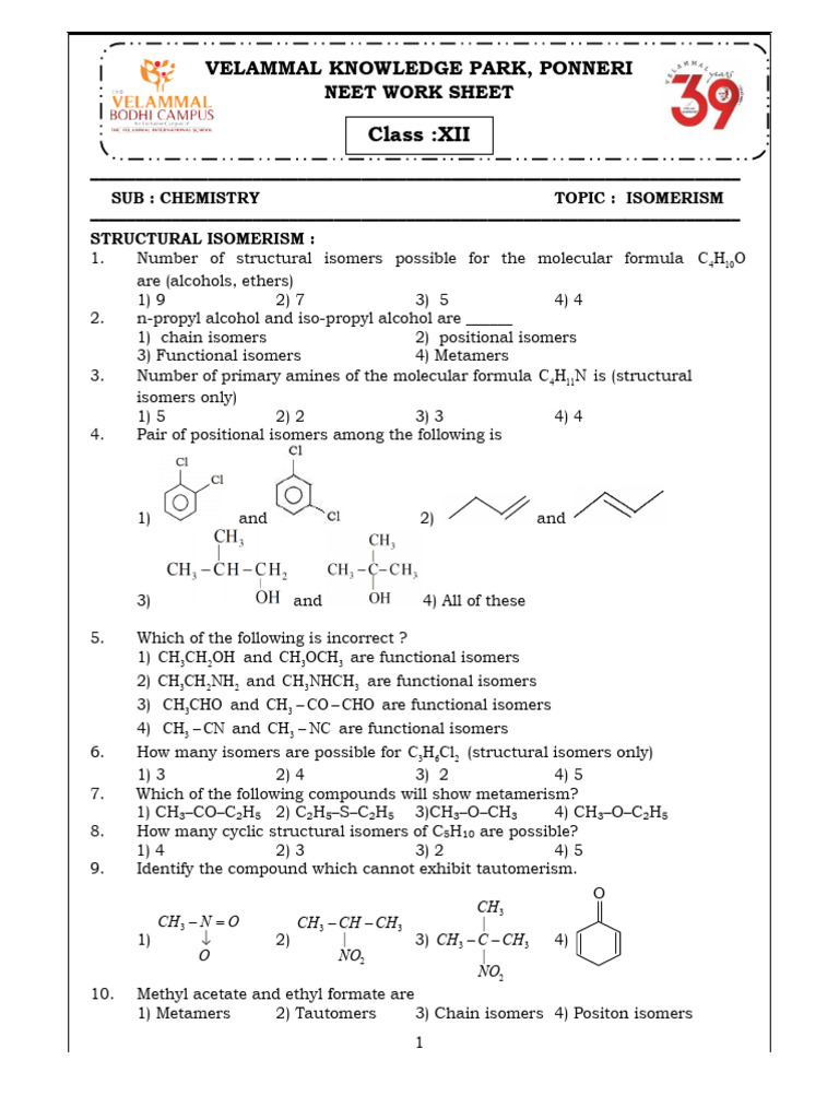 NEET Isomerism Practice Worksheet | PDF | Conformational Isomerism | Isomer