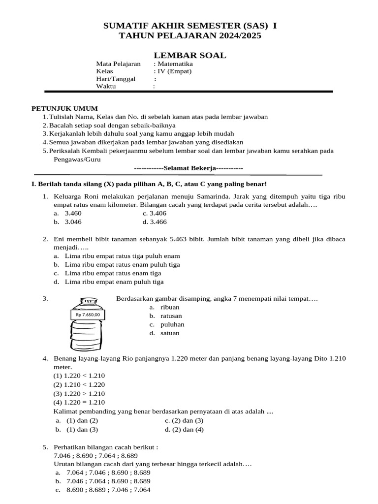 Sumatif Akhir Semester 1 Matematika | PDF