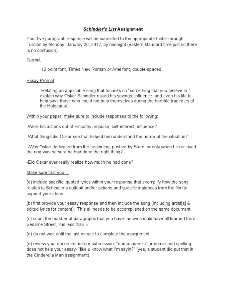 Schindler's List Essay Assignment | PDF | Art | Classics
