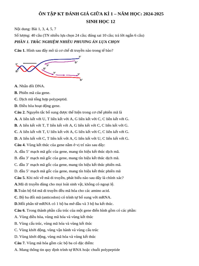 Đề Cương Ôn Tập Gk1-Sinh 12 - HS | PDF