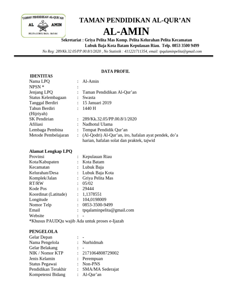 Data Profil LPQ Al-Amin | PDF
