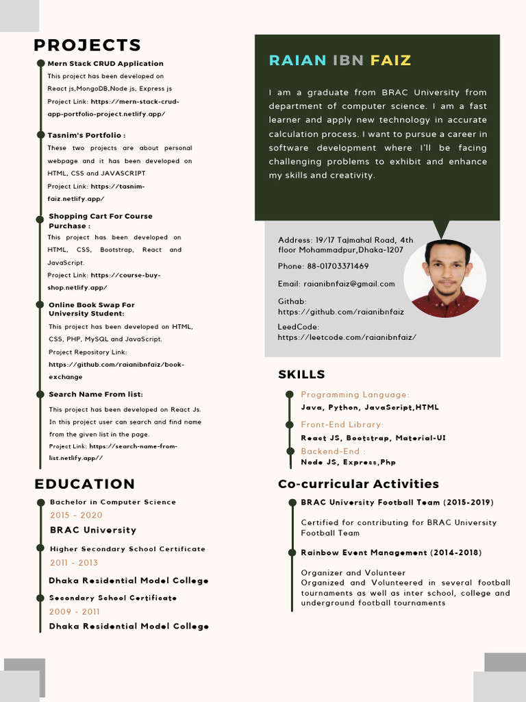 RaianIbnFaiz Resume | PDF | Java Script | Bootstrap (Front End Framework)