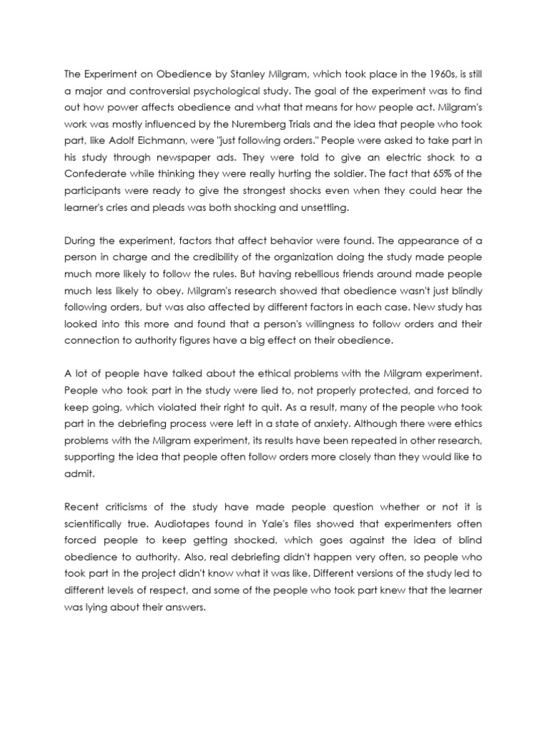 Essay On Experiment On Obedience | PDF | Obedience (Human Behavior ...