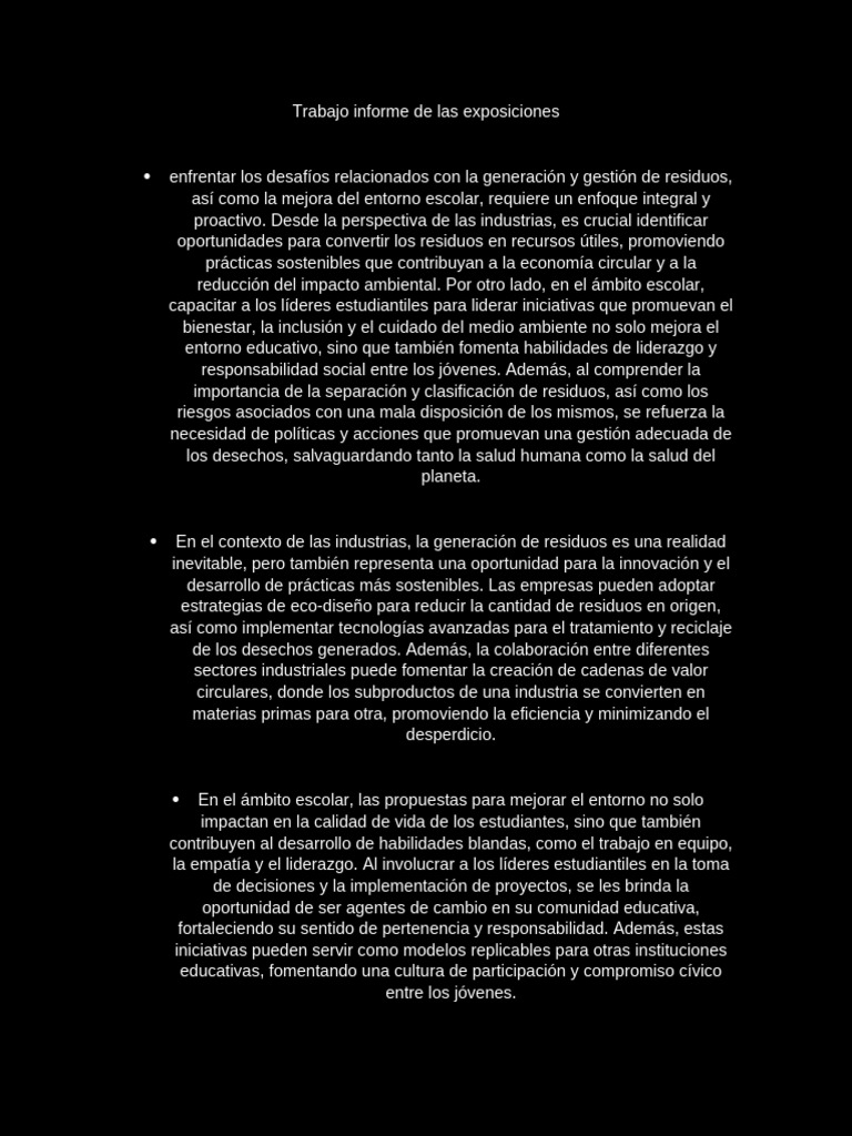 Trabajo Informe de Las Exposiciones | PDF | Residuos | Economias