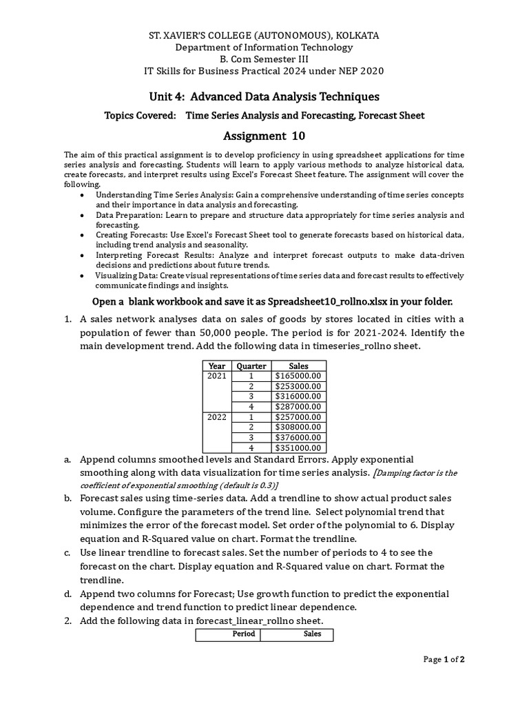Sem III Unit 4 ITSB Assignment 10 2024 NEP Student | PDF | Forecasting | Time Series