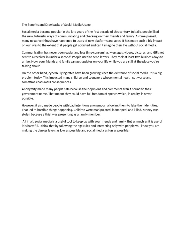 The Benefits and Drawbacks of Social Media Usage | PDF The Benefits and Drawbacks of Social Media Usage | PDF