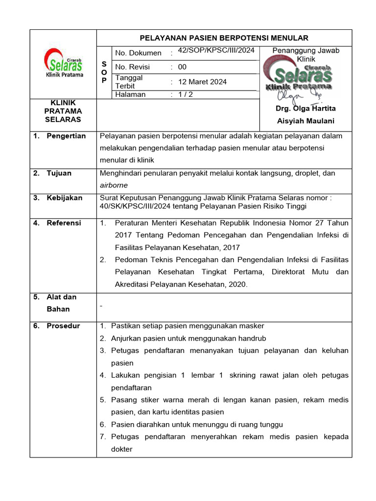 SOP Pasien Menular di Klinik | PDF