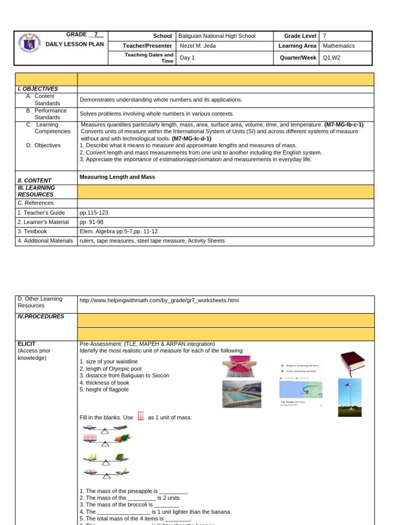 ZN DLP - Math 7 Q1 Week 2 LC 3 Day 1 | PDF | Measurement | Foot (Unit)