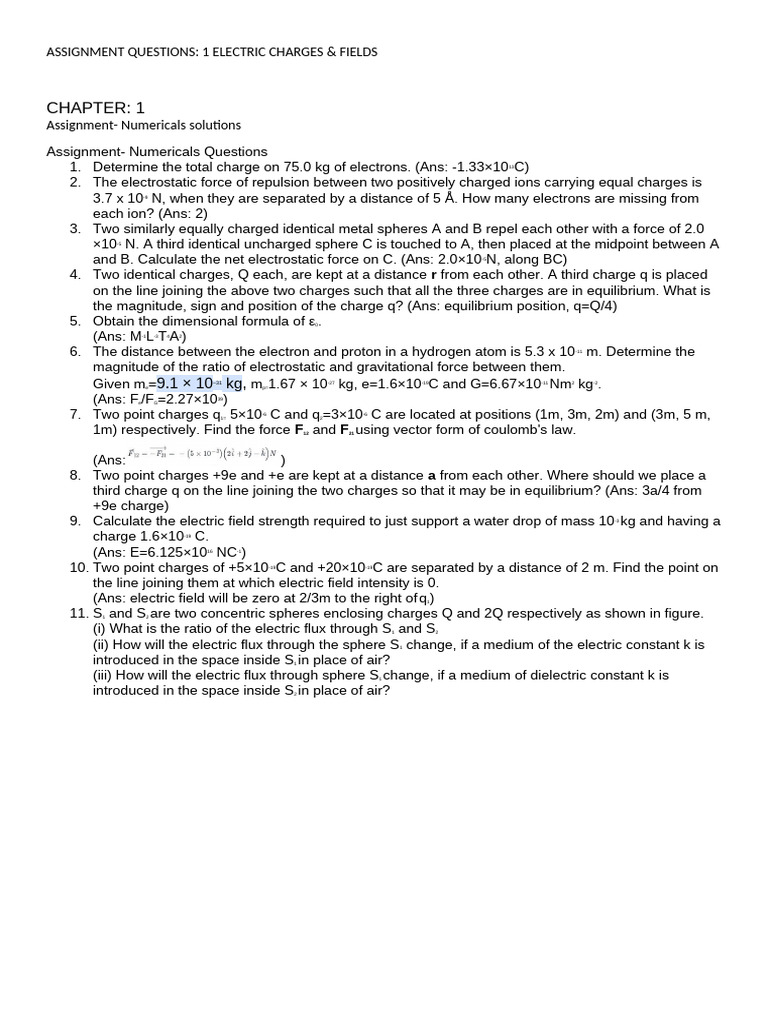 12th-Chp-1-Assignment Questions, Hots, Pyqs | PDF | Electric Field ...