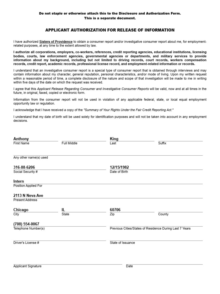 Applicant Authorization For Release of Information | PDF | Justice | Crime & Violence