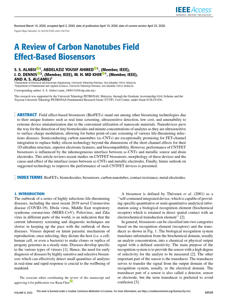 A Review of Carbon Nanotubes Field Effect-Based Biosensors | PDF ...