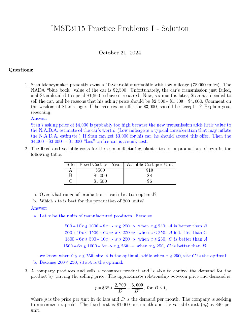 Practice Problems 1 Solution 2024 | PDF | Profit (Economics) | Demand