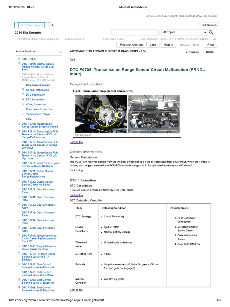 Mitchell TechAdvisor P0705 SORENTO | PDF | Electrical Connector | Automatic Transmission