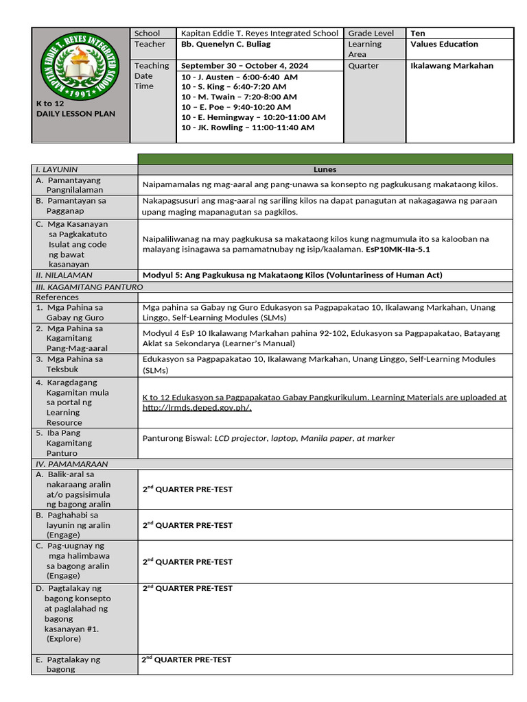Dlp-Esp 10 Week 1 (Ang Mga Katangian NG Pagpapakatao ( | PDF