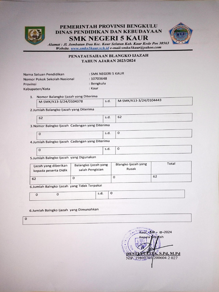 Penatausahaan Blangko Ijazah SMKN 5 KAUR | PDF