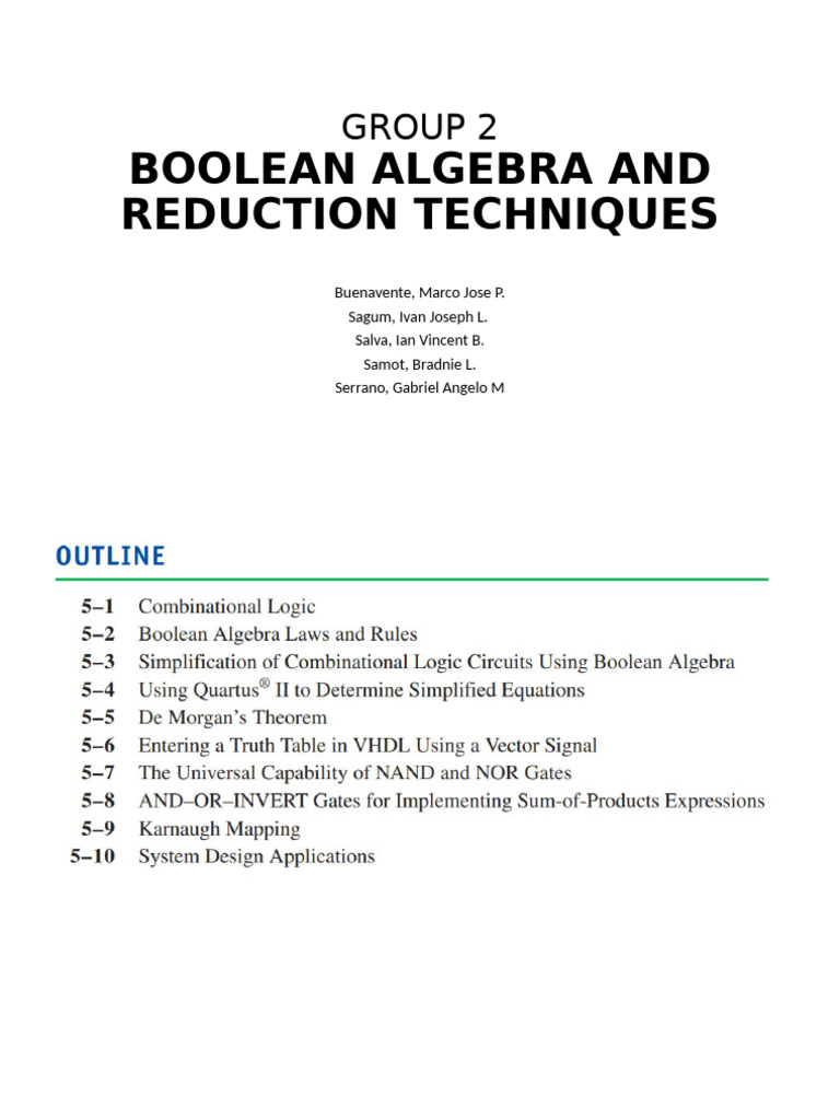 5.1. Boolean Algebra and Reduction Techniques | PDF | Logic Gate | Algebra