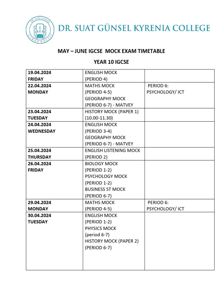 Mock Exam Dates Year 10 | PDF