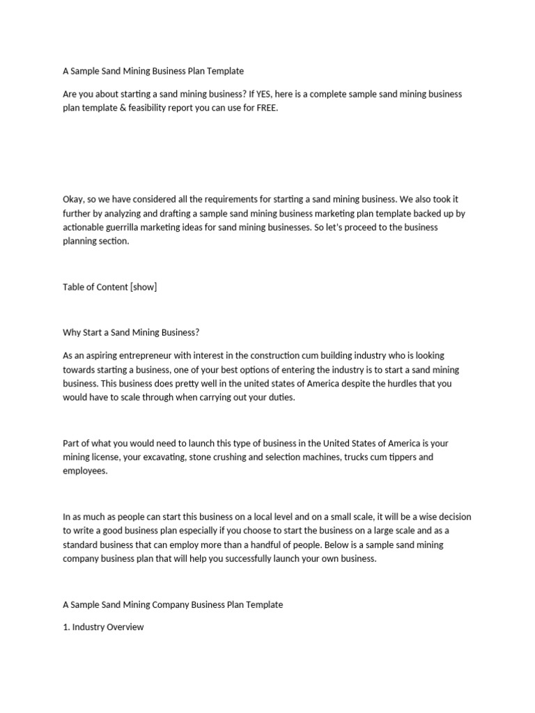 Sand Mining Business Plan Template | PDF | Mining | Point Of Sale