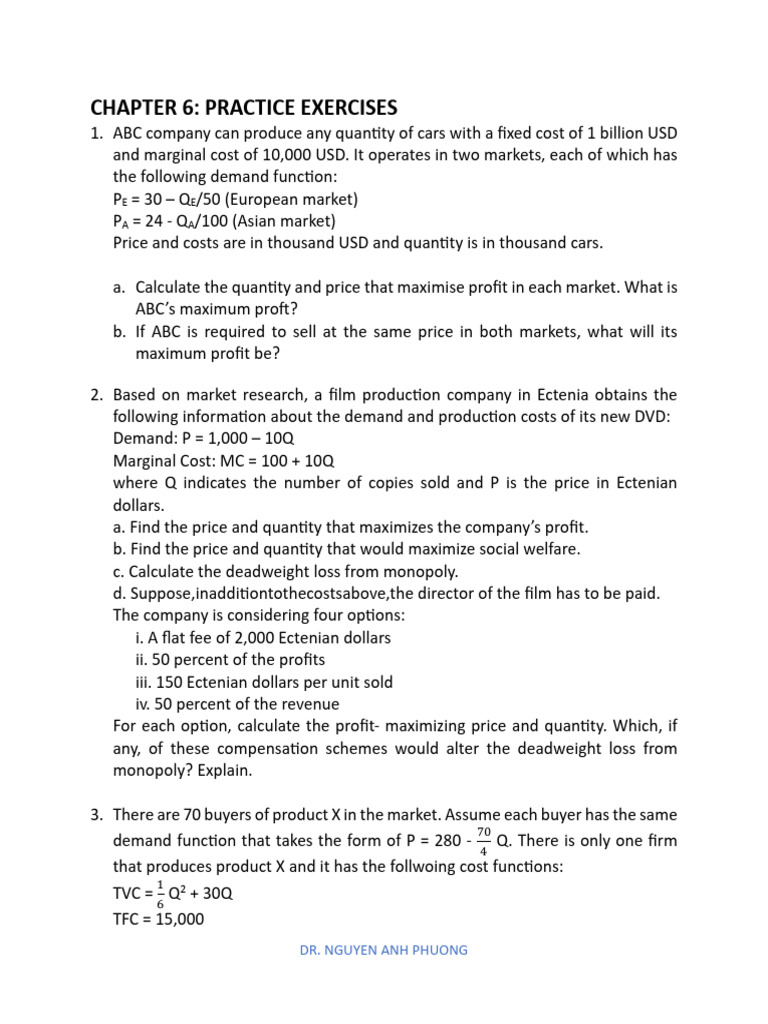 CHAPTER 6 - Practice Exercises | PDF | Profit (Economics) | Monopoly
