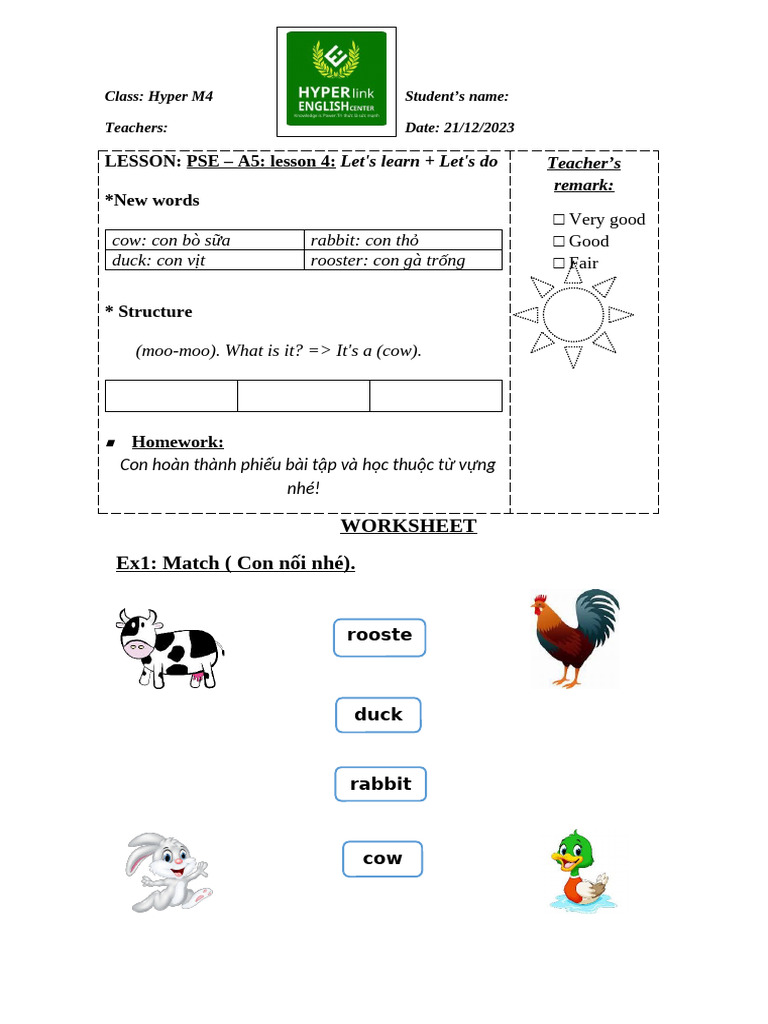 Lesson: Pse - A5: lesson 4: *New words : cow: con bò sữa rabbit: con ...