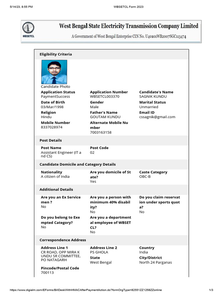 WBSETCL Application Summary | PDF