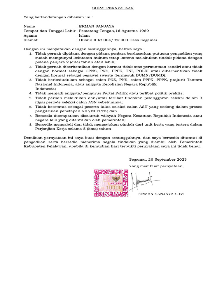 Surat Pernyataan Erman 2023 | PDF