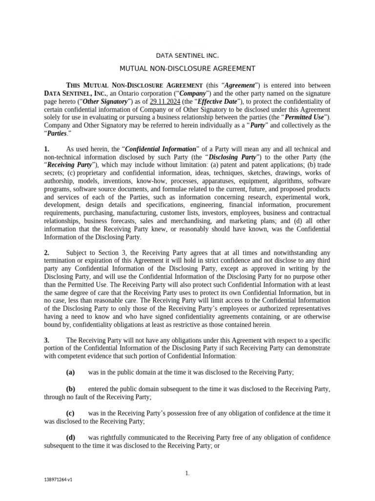 Data Sentinel Mutual NDA Agreement | PDF | Discovery (Law) | Confidentiality
