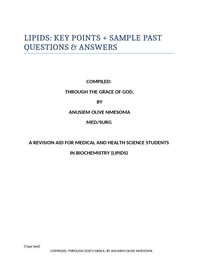 Lipids - Key Points - Sample Past Questions & Answers | PDF | Lipid ...