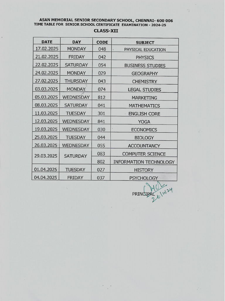 Board Time Table Class Xii-2024 | PDF