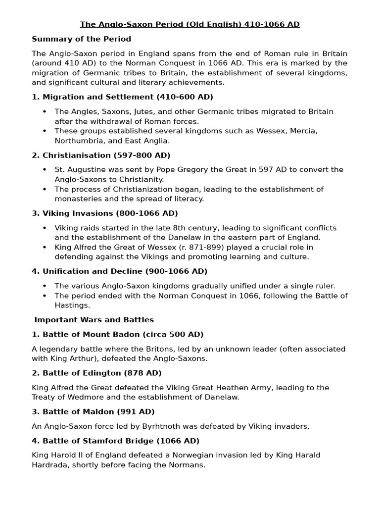 The Anglo-Saxon Period (Old English) 410-1066 AD | PDF | Anglo Saxons ...