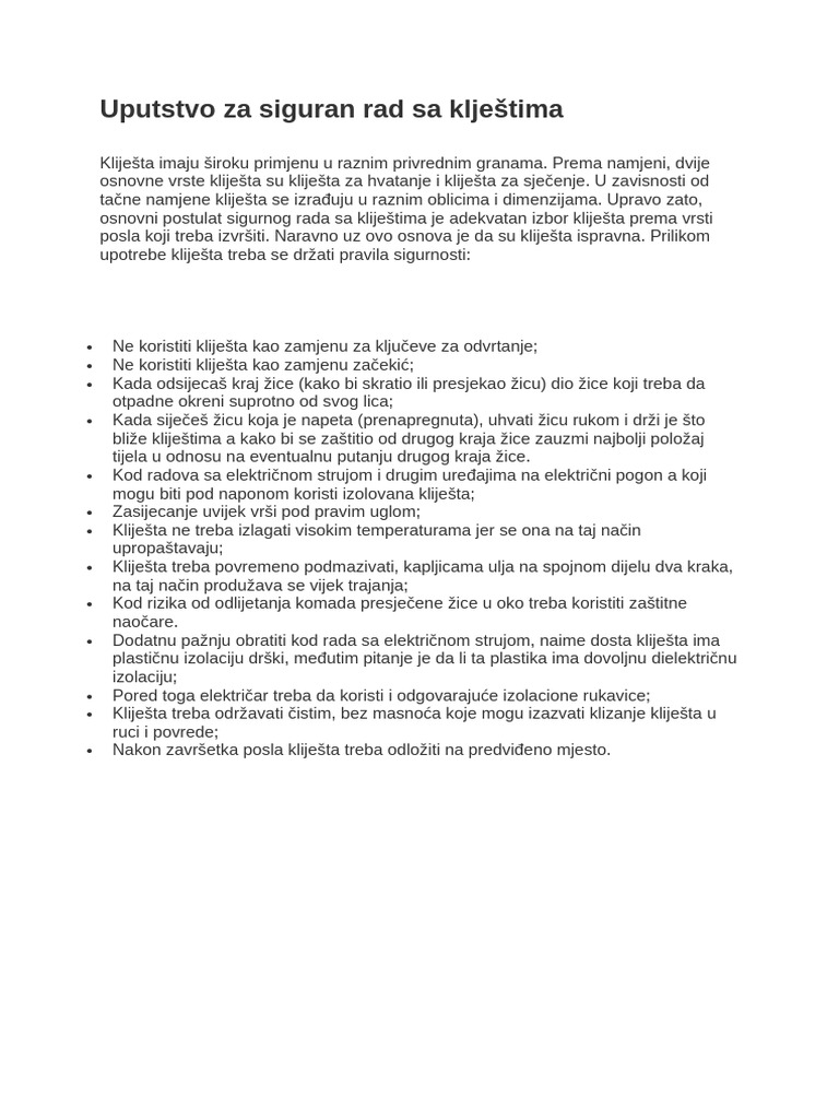 Uputstvo Za Siguran Rad Sa Klještima | PDF