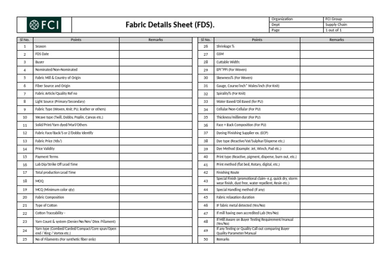 Fabric Details Sheet (FDS) | PDF | Textiles | Yarn