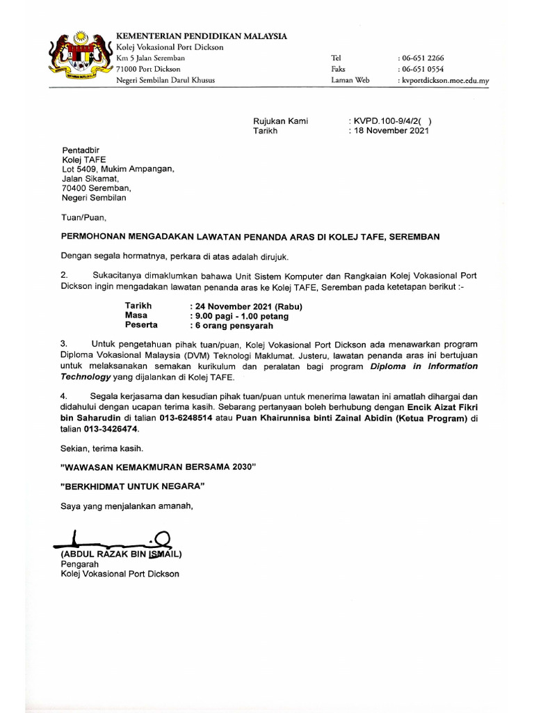 Surat Lawatan Penanda Aras Kolej TAFE | PDF