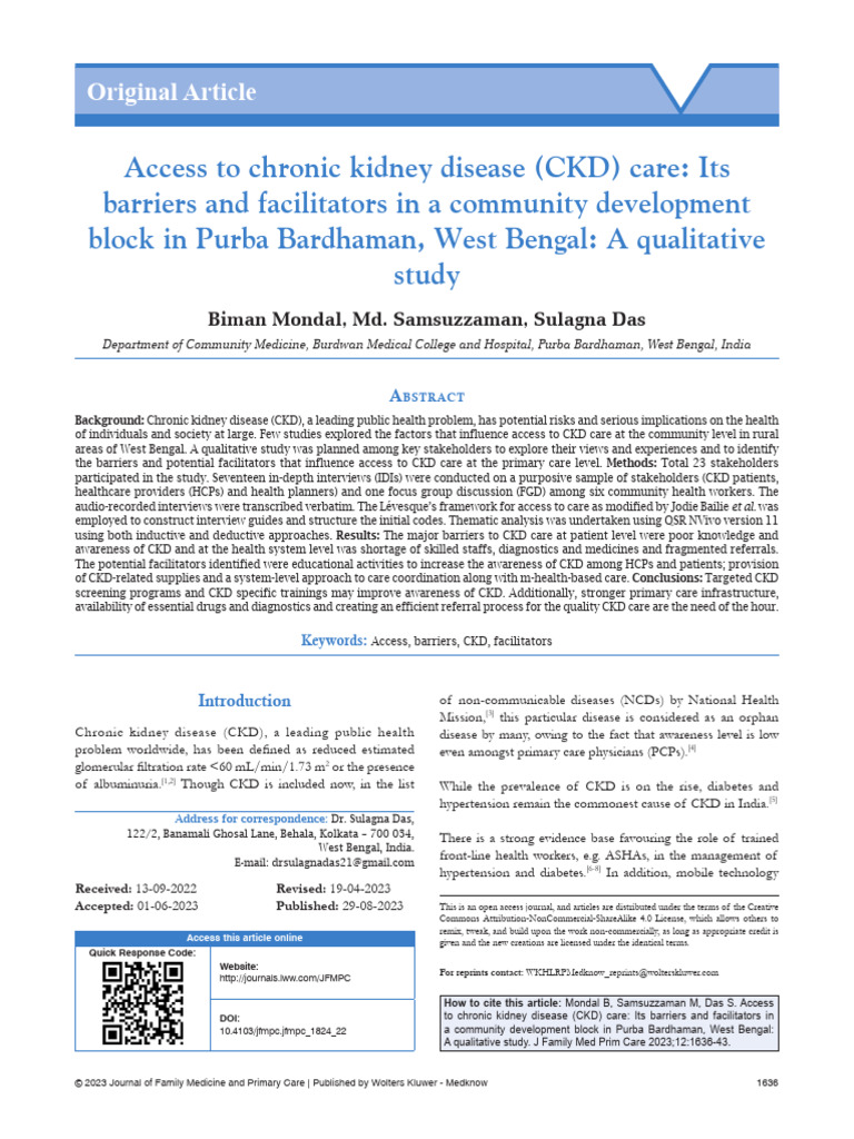 Access To Chronic Kidney Disease CKD Care Its Barr | PDF | Chronic ...