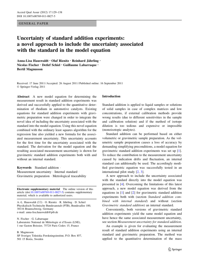 Uncertainty in Standard Addition Methods | PDF | Calibration | Metrology