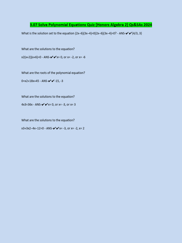 3.07 Solve Polynomial Equations Quiz (Honors Algebra 2) Qs&SAs 2024 | PDF