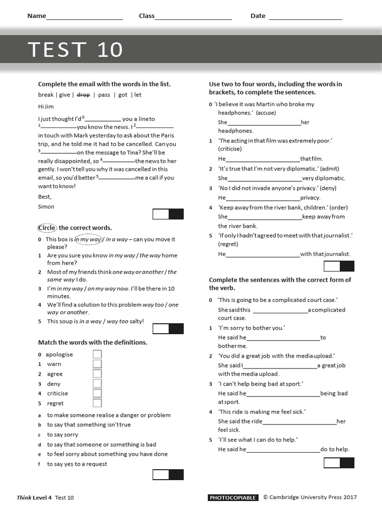 Think Level 4 Unit Test 10 | PDF
