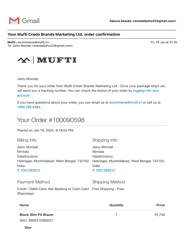 Your Mufti Credo Brands Marketing Ltd. Order Confirmation | PDF