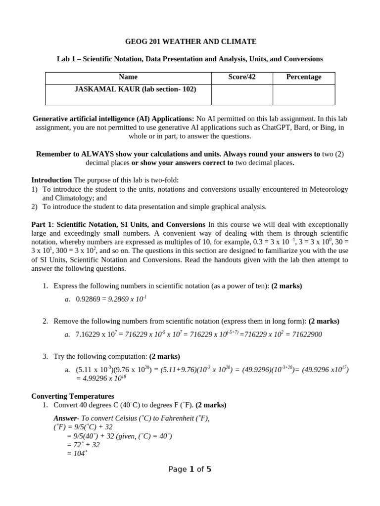 LAB 1 - Scientific Notation, Data Presentation and Analysis, Units, and ...