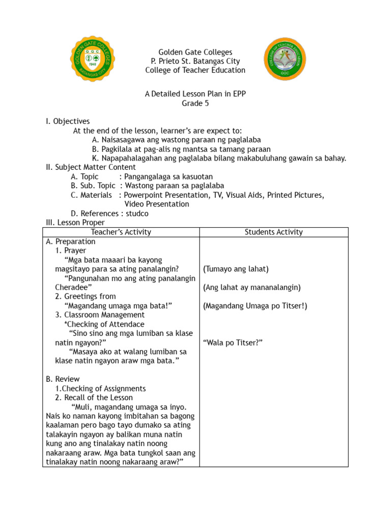 Lesson Plan in Epp 5-Teaching Profession | PDF