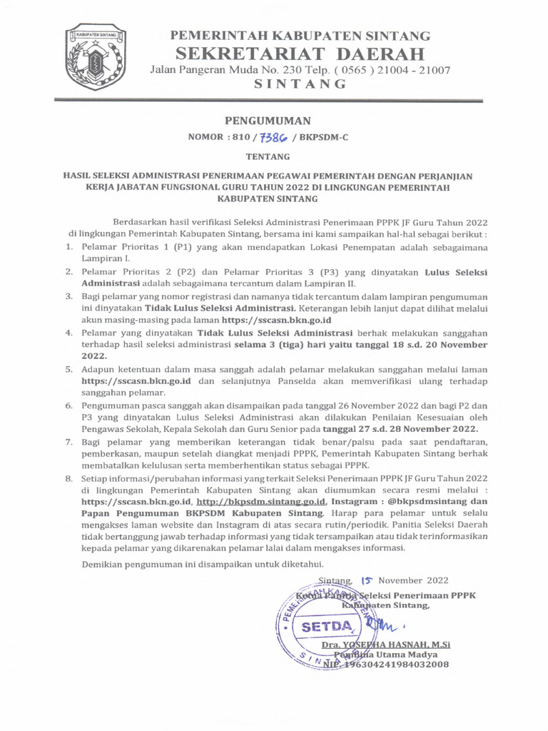 Pengumuman Hasil Seleksi Administrasi Penerimaaan PPPK JF Guru Tahun 2022 | PDF