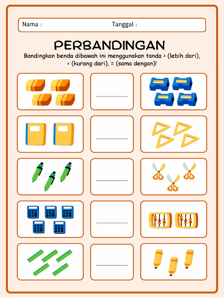 Oranye Ilustrasi Membandingkan Jumlah Benda Lembar Kerja Sekolah ...