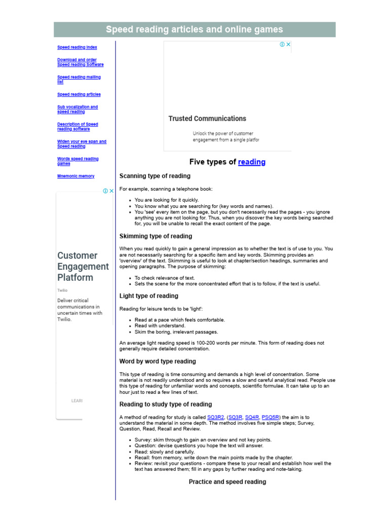 Week 004-008 Five Types of Reading and Speed Reading 1 | PDF | Speed Reading | Learning Methods
