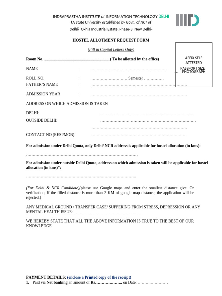 IIIT Delhi Hostel Allotment Request Form | PDF