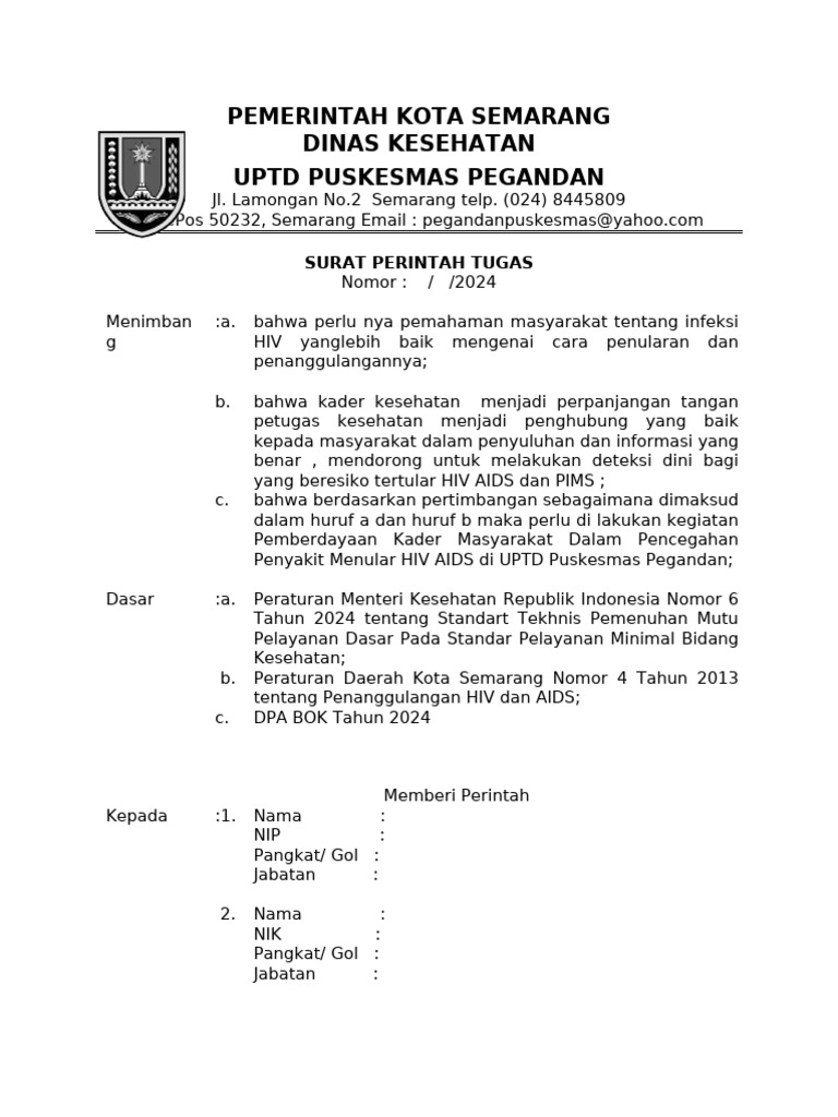 Contoh SURTUG Pemberdayaan Kader HIV 2024 | PDF