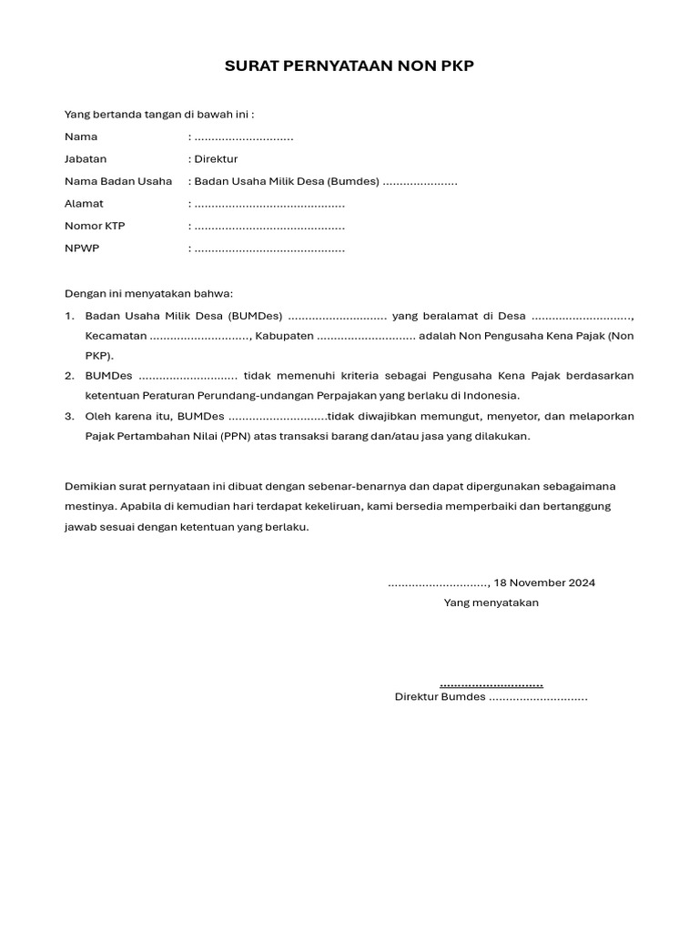 Pernyataan Non PKP BUMDes | PDF