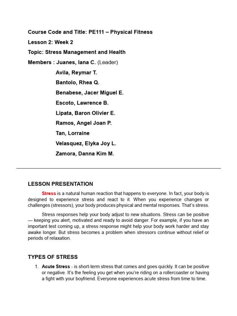 PE Lesson 2 Stress Management and Health | PDF | Stress (Biology) | Stress Management