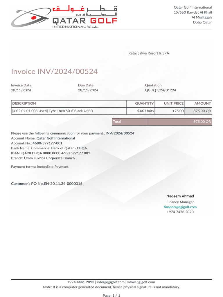 Invoice for Tyre Purchase - QGI | PDF